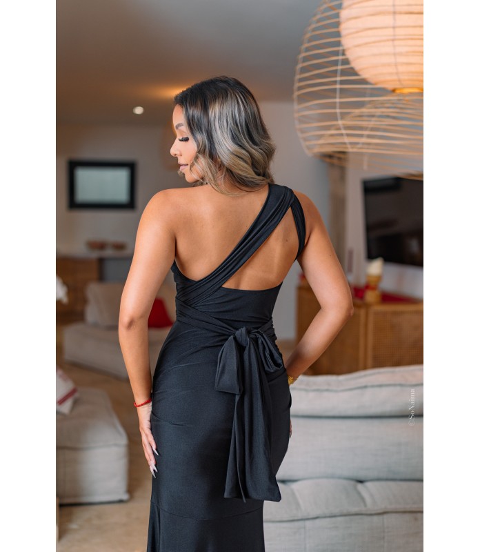 robe longue noire épaule asymétrique Tailles S